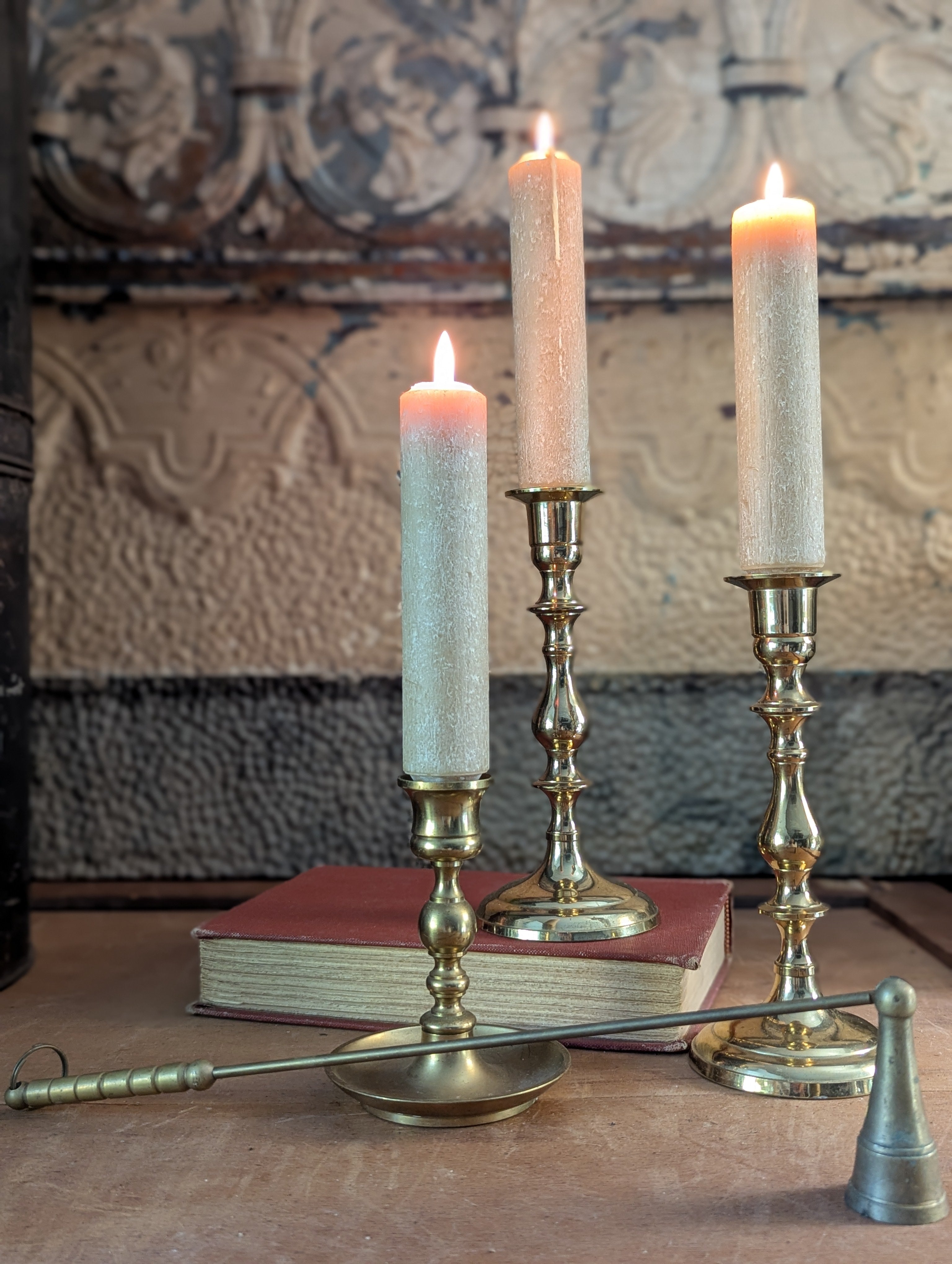 Set of 3 brass candlesticks and snuffer – Life Has Repurpose Vintage Shop